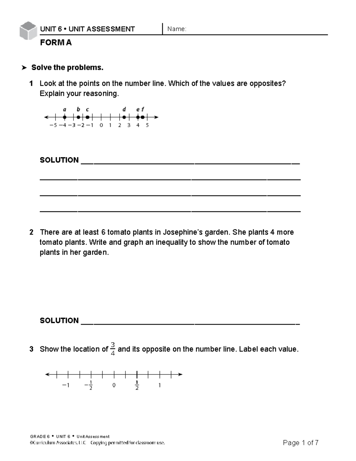 GRADE 6 UNIT 6 Unit Assessment - Form A Solutions - Studocu