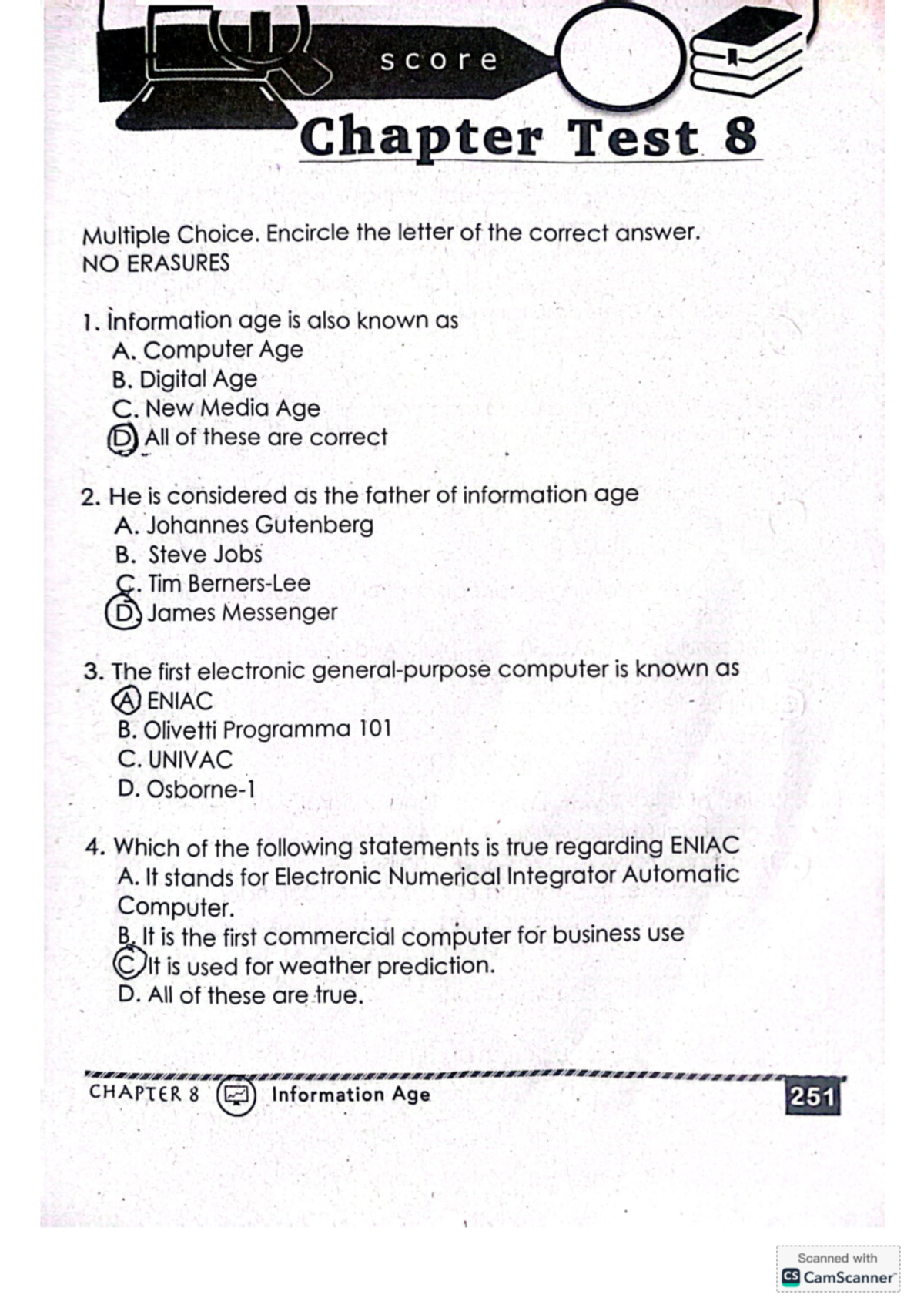 Chapter TEST 8 - score Chapter Test 8 Multiple Choice. Encircle the ...