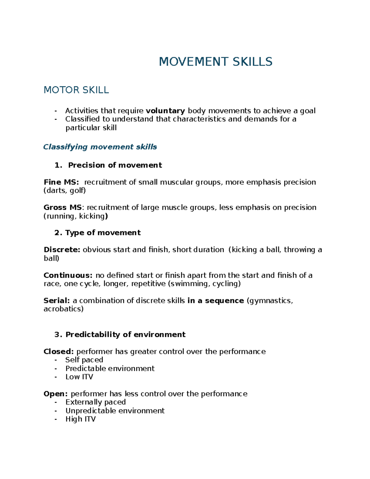 Phys Ed Unit 3 AOS 1 - Movement Skills Summary Notes - Studocu