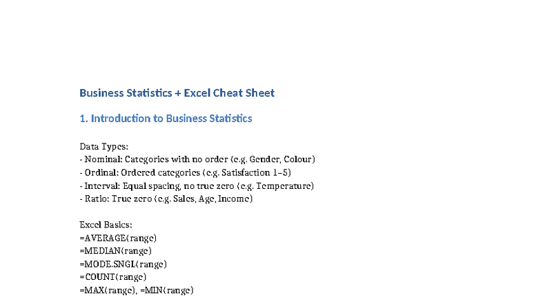 Business Statistics Excel Cheat Sheet: Key Concepts & Tools - Studocu