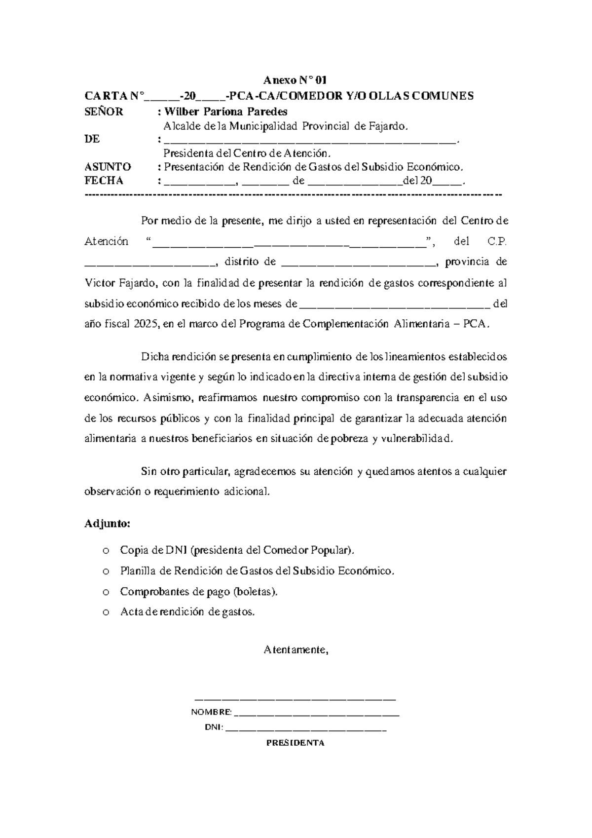 Formato de Rendición de Gastos Subsidio Económico PCA-1 - Studocu