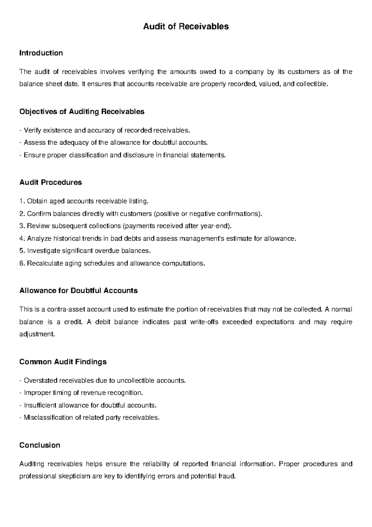 Audit of receivables: procedures and findings for financial accuracy ...