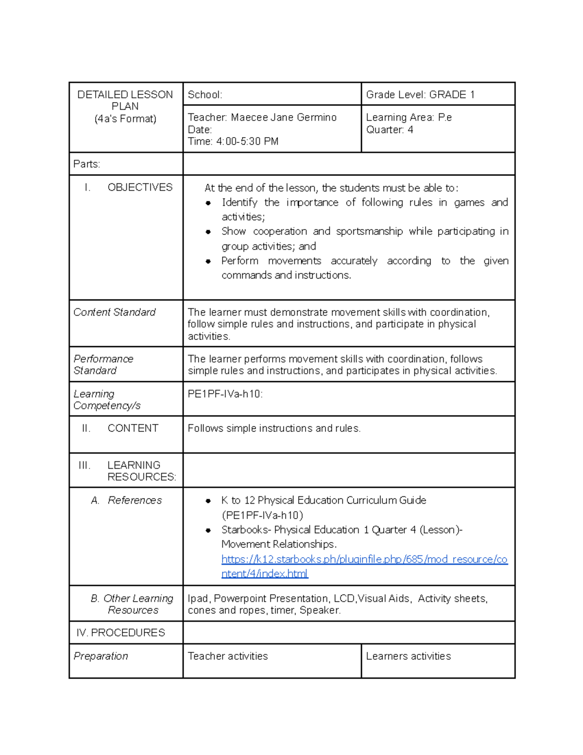 GRADE 1 P.E. Lesson Plan: Following Rules & Sportsmanship - Studocu