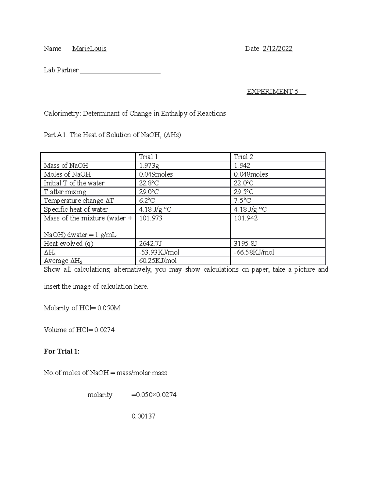 Experiment 5 data sheet - Name MarieLouis Date 2/12/ Lab Partner ...