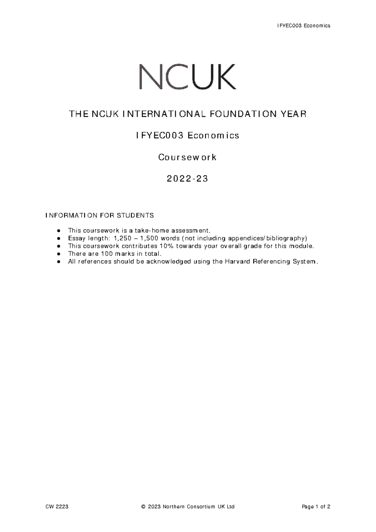 IFYEC003 Economics Summative Coursework Guidelines for 2023 - Studocu