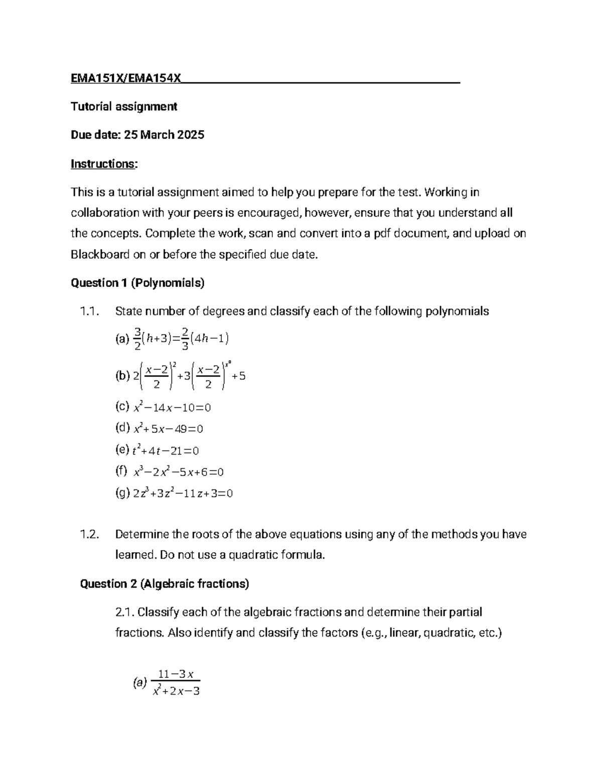 EMA151X Tutorial assignment 1a - - Studocu