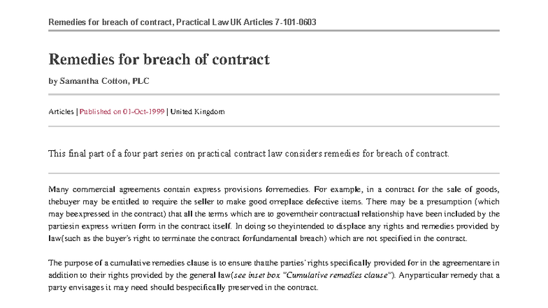 LLM 2 - Final Exam Notes on Remedies for Breach of Contract - Studocu