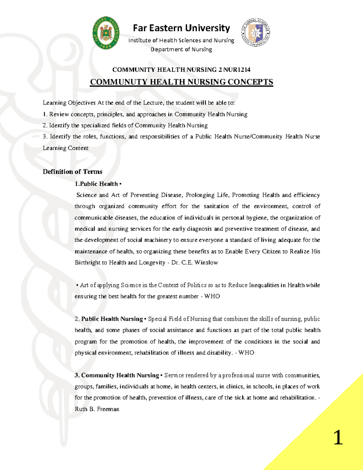 CHN2 NUR1214 Community Health Nursing Concepts: Lecture Notes and ...