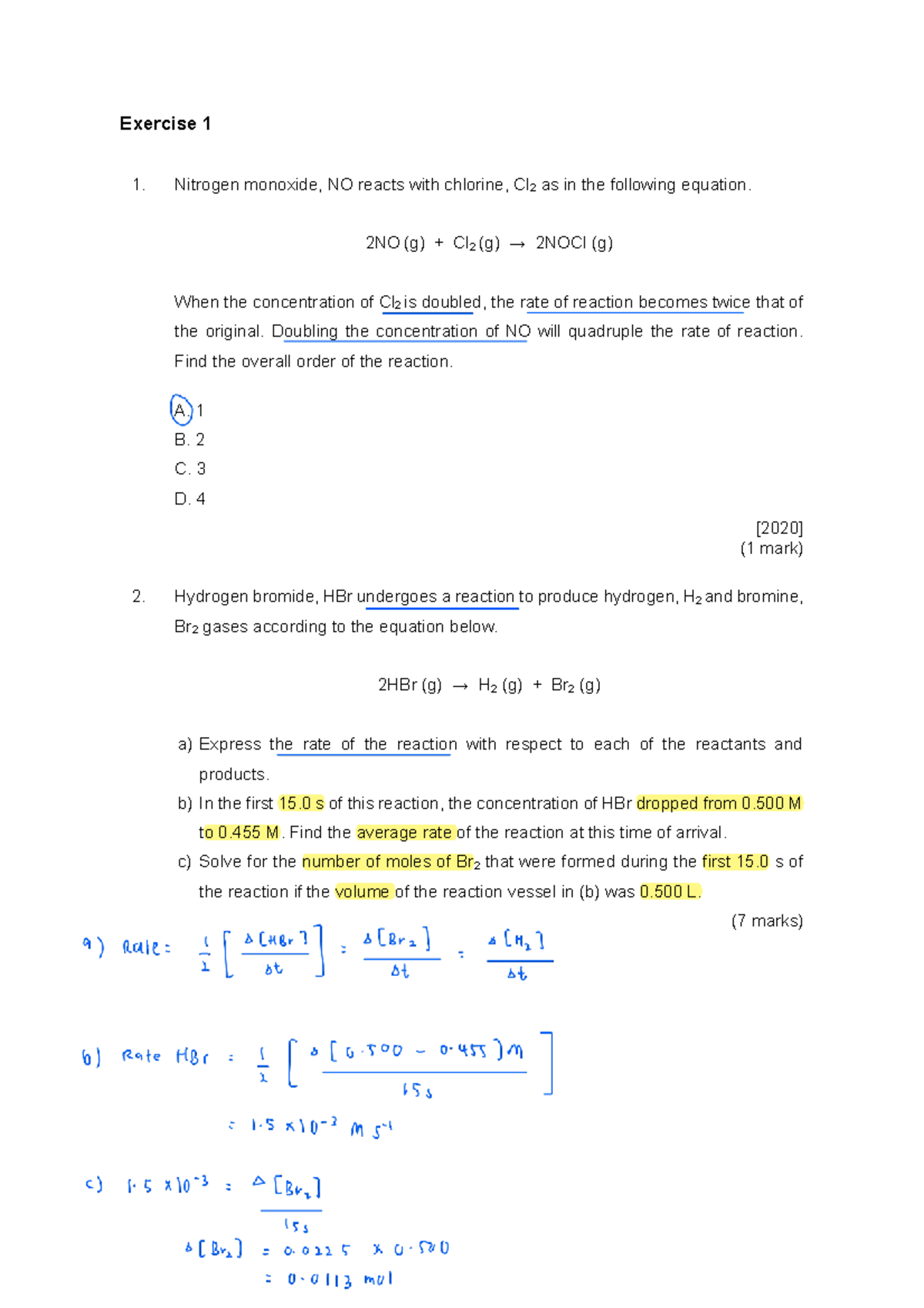 Tutorial 1: Reaction Rates and Stoichiometry (Ex 1) - Studocu