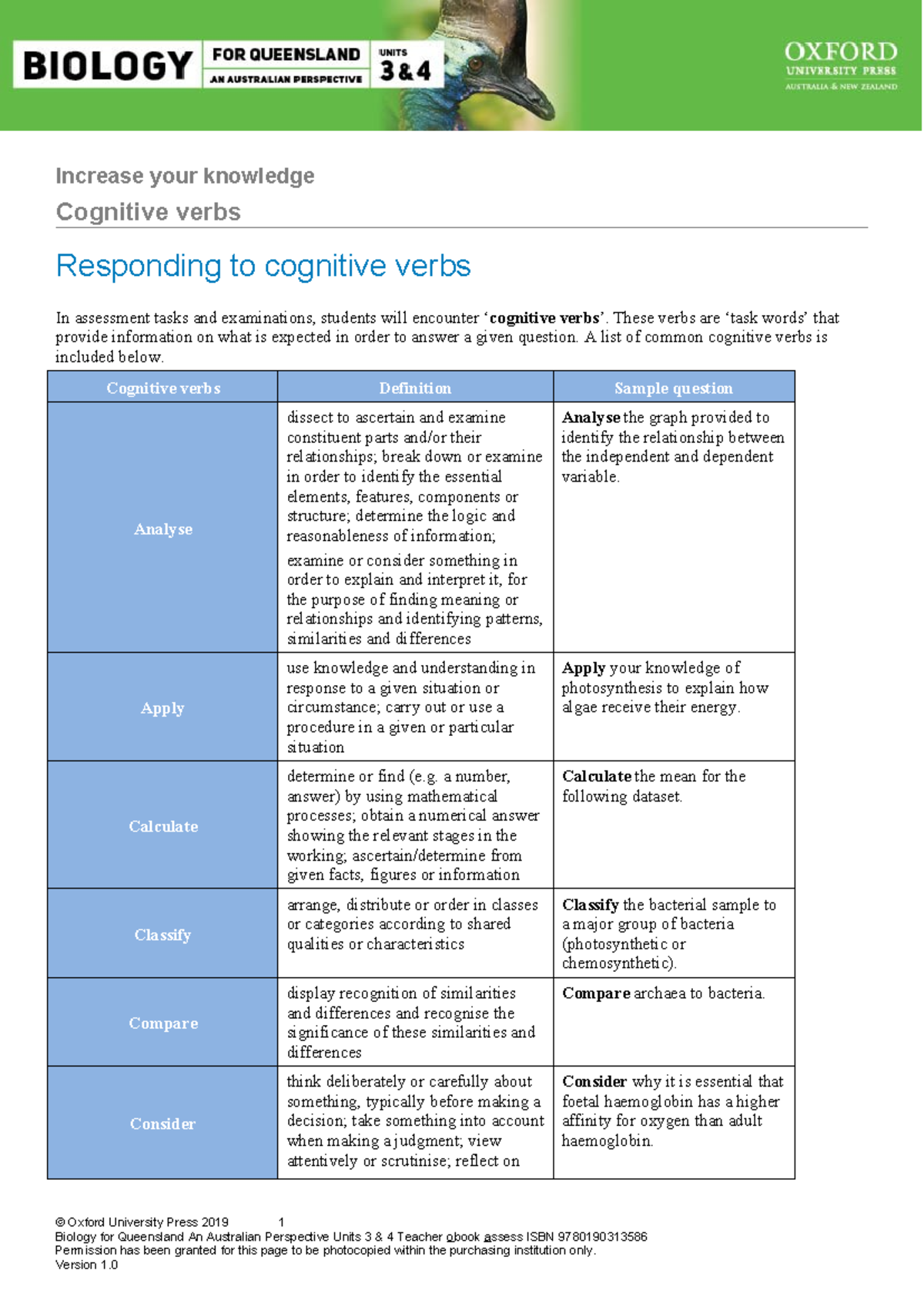 BIO3&4 Cognitive Verbs: Understanding Their Usage in Assessments - Studocu
