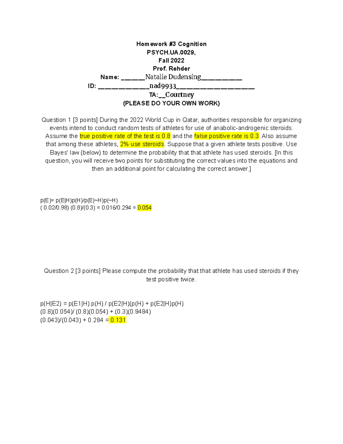 Cognition 3 Lecture Notes Homework 3 Cognition Psych Ua Fall 2022 Prof Rehder Name