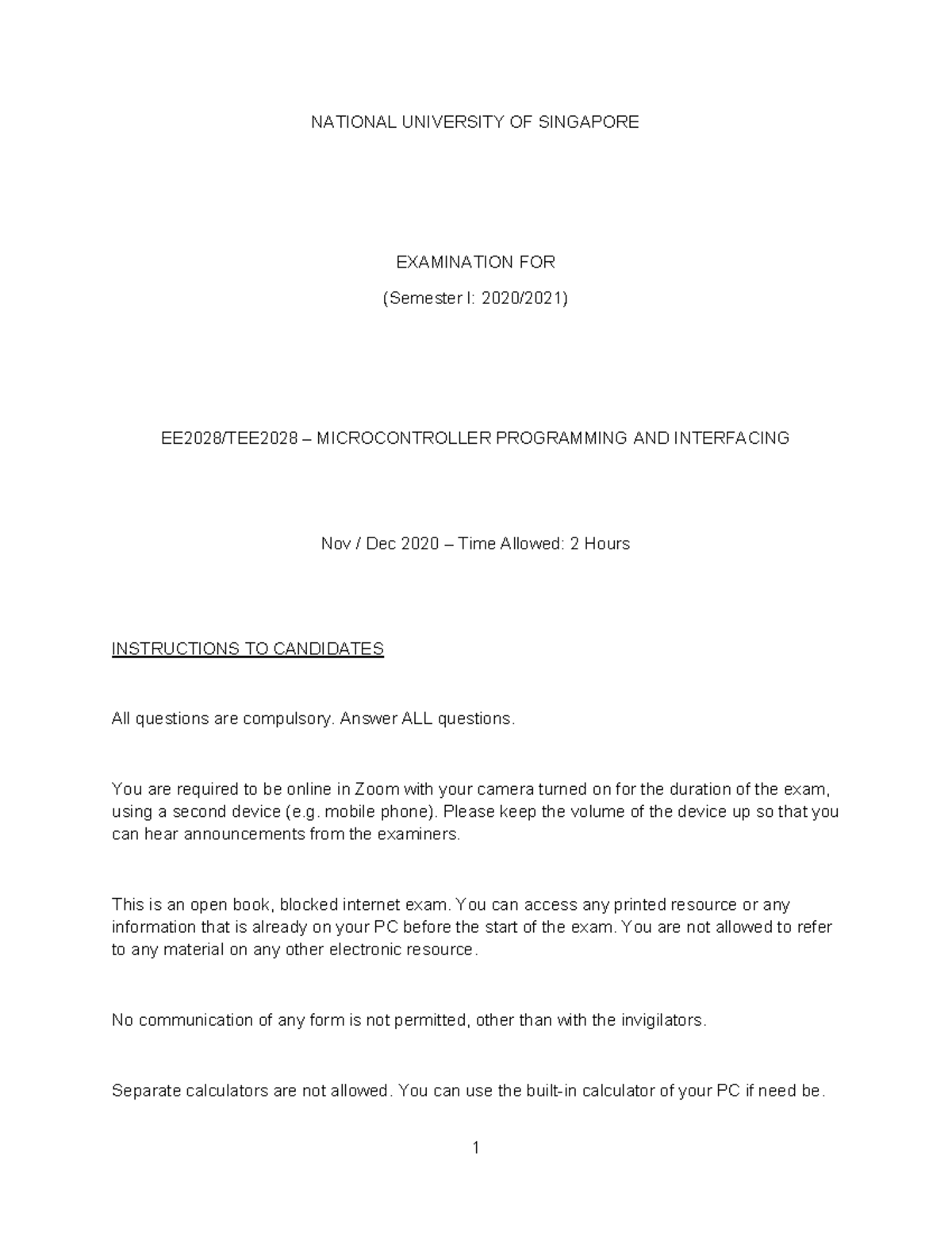2021SEM1-EE2028 T: Microcontroller Programming & Interfacing Exam Guide - Studocu