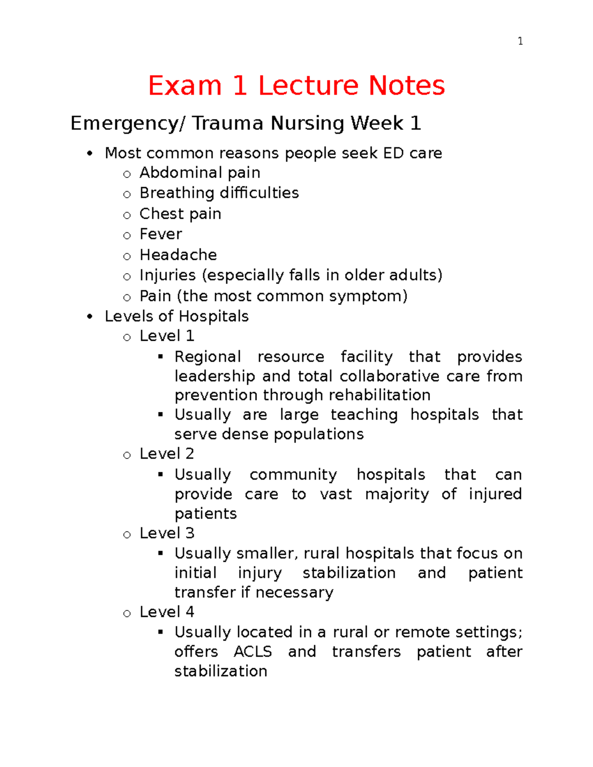 Exam 1 Lecture Notes - Exam 1 Lecture Notes Emergency/ Trauma Nursing ...