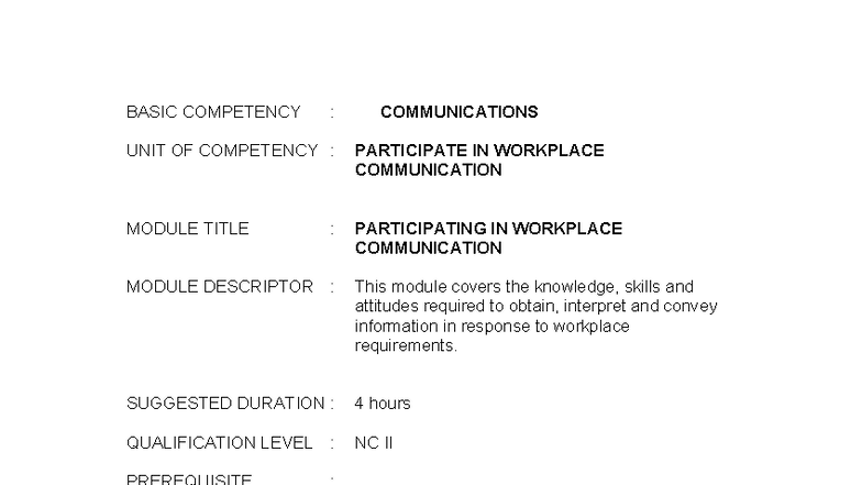 Basic Competency: Workplace Communication & Teamwork (NC II) - Studocu