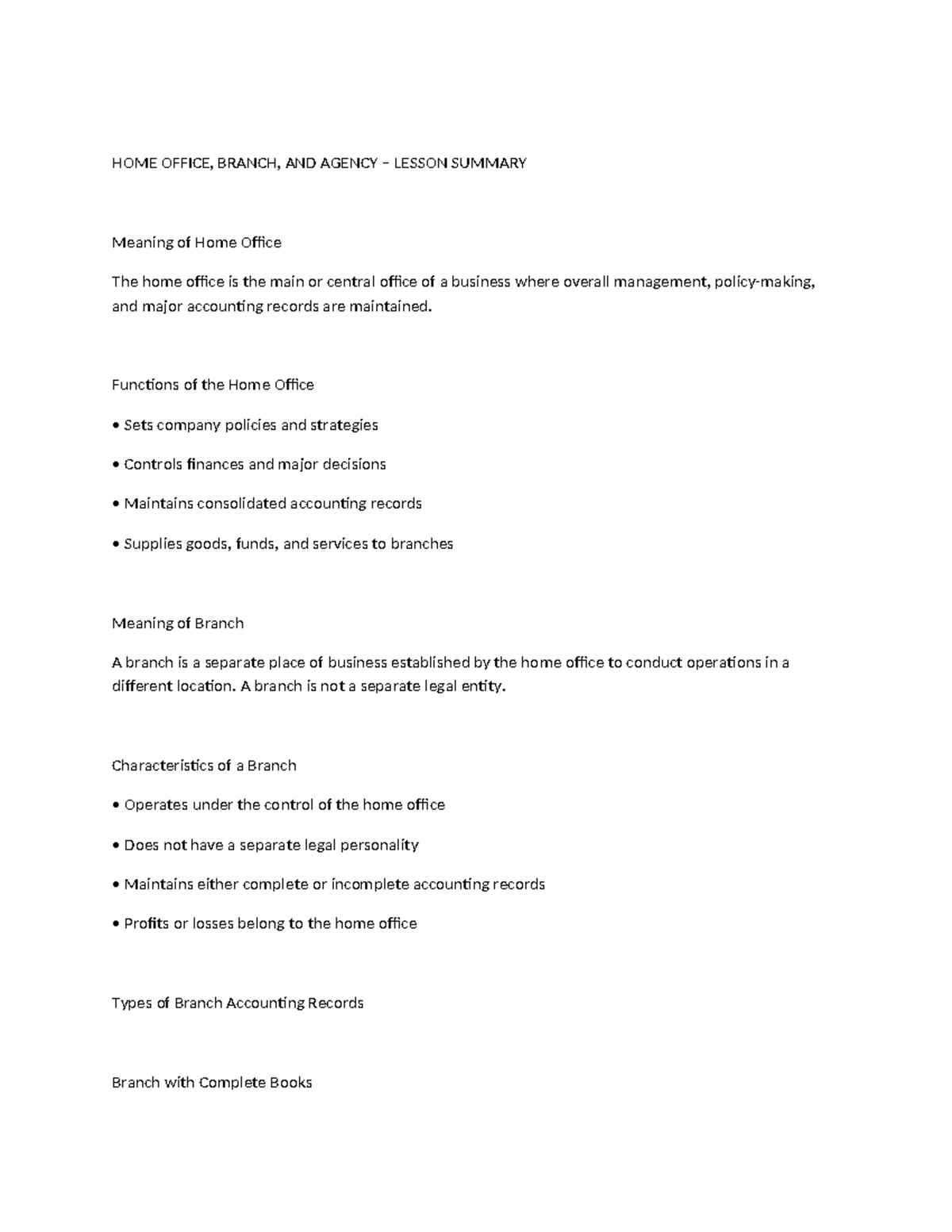 HBOAe - Home Office, Branch, and Agency Lesson Summary - Studocu