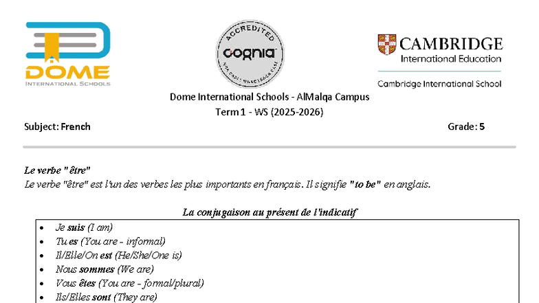 Dome International Schools AlMalqa Campus Term 1 WS: French Grade 5 ...