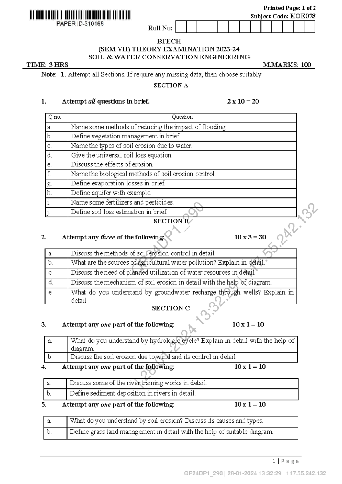 BTECH SEM VII KOE078 Soil & Water Conservation Engineering Exam Notes ...