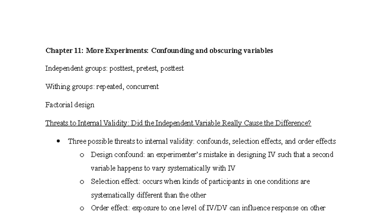Research Methods Test 3 Chapter 11 Internal Validity Experimental