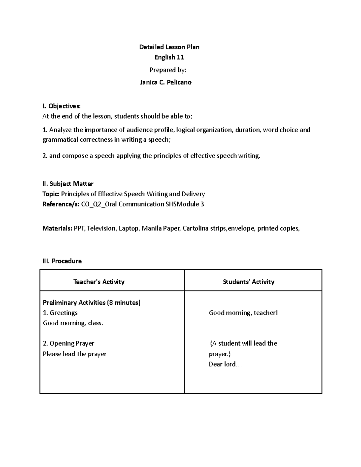 Q2-M3 Detailed Lesson Plan: Principles of Effective Speech Writing ...