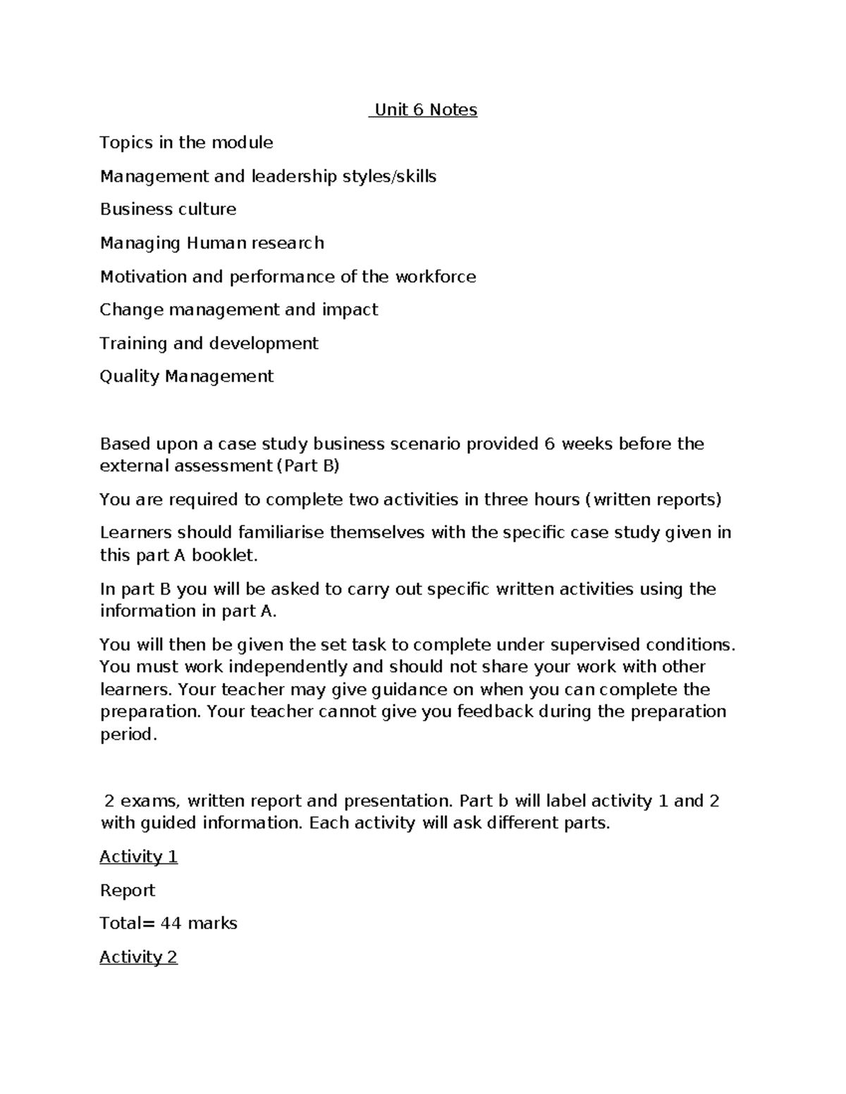 Unit 6 - Management and Leadership: Comprehensive Study Notes - Studocu