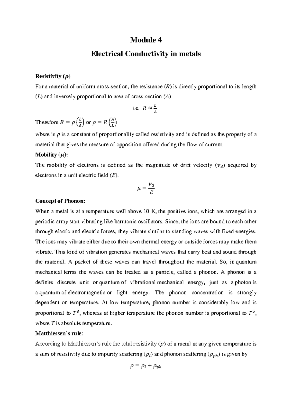 Electrical Conductivity in Metals - Insights from Module 4 - Studocu