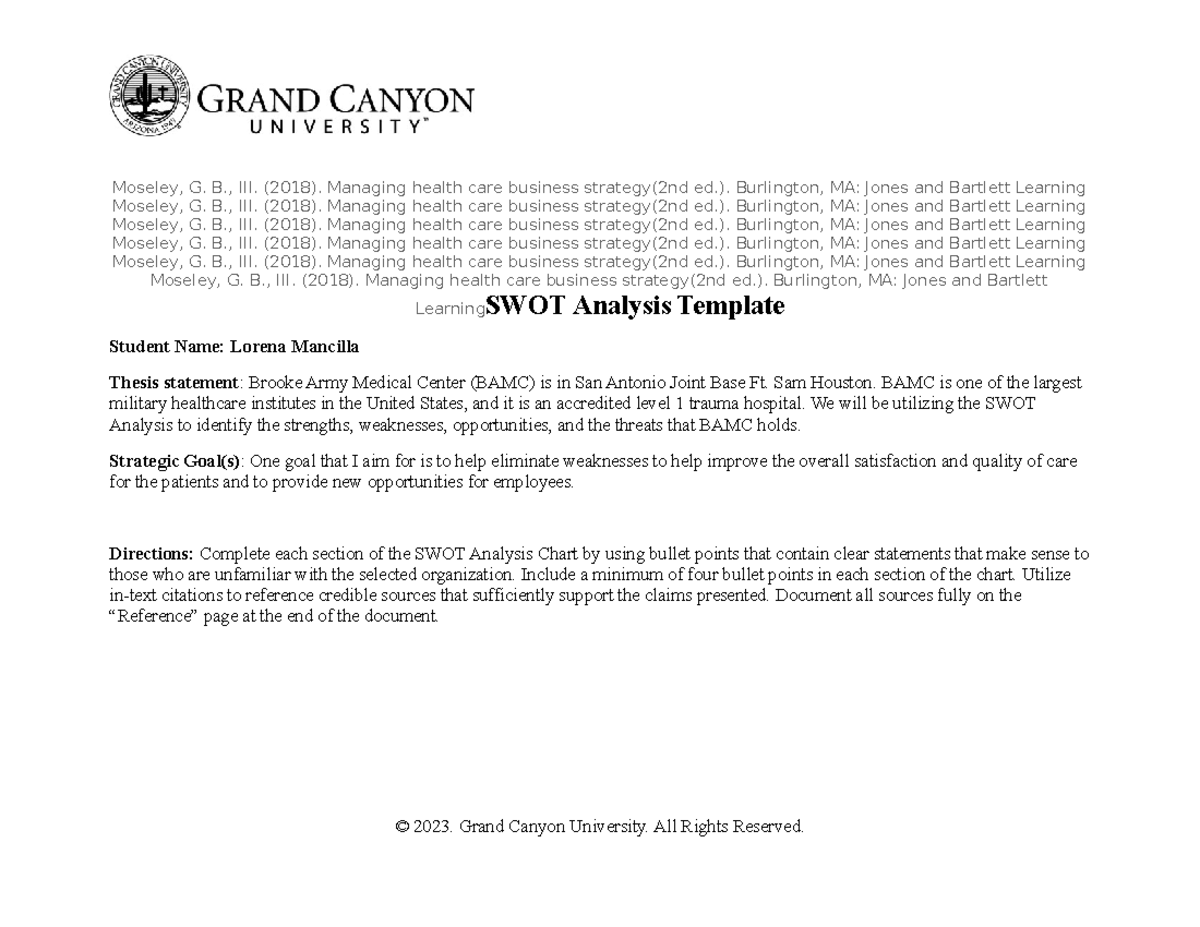 HCA 470 RS SWOT Analysis for Brooke Army Medical Center (BAMC) - Studocu