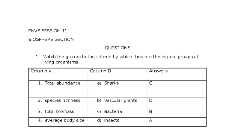 ENVS Session 11 Biosphere & Lithosphere Revision Worksheet - Studocu