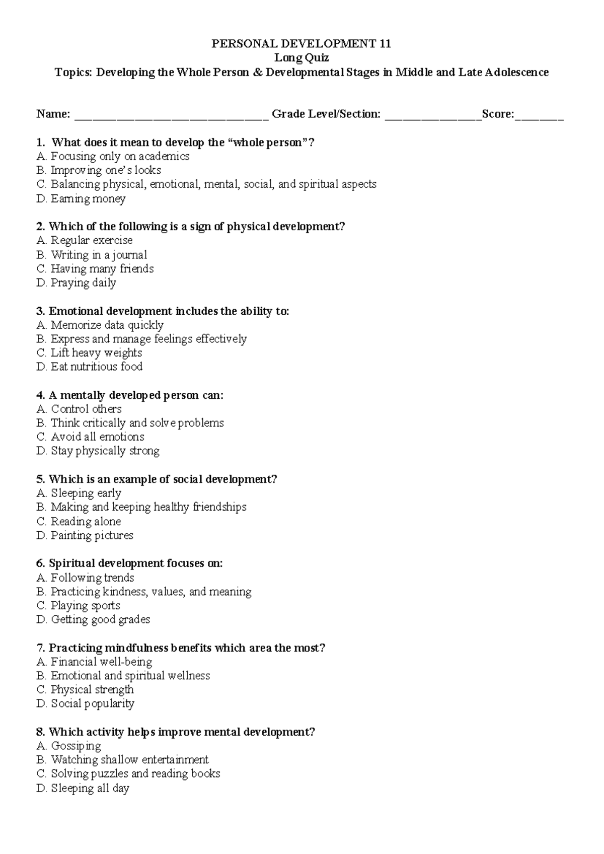 PERSONAL DEVELOPMENT 11 Long Quiz: Holistic Growth in Adolescence - Studocu
