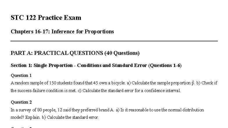 STC 122 Practice Exam Chapters 16-17: Inference for Proportions - Studocu