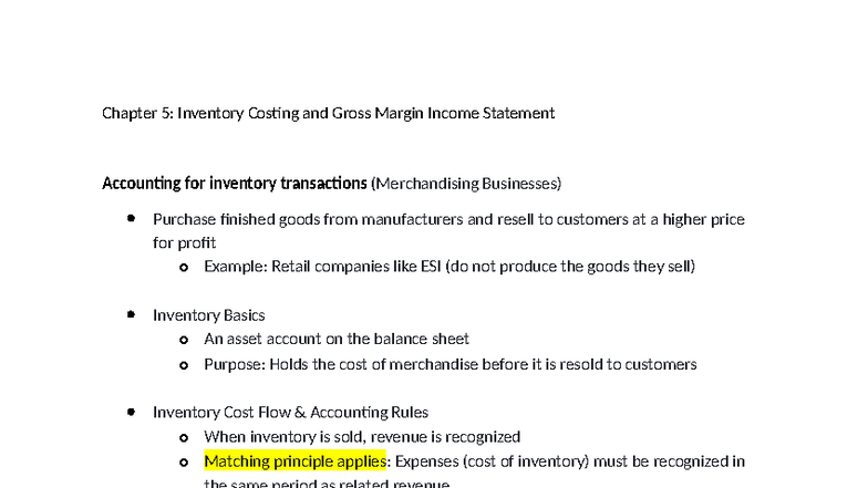 AFM 191 Chapter 5: Inventory Costing & Gross Margin Accounting - Studocu