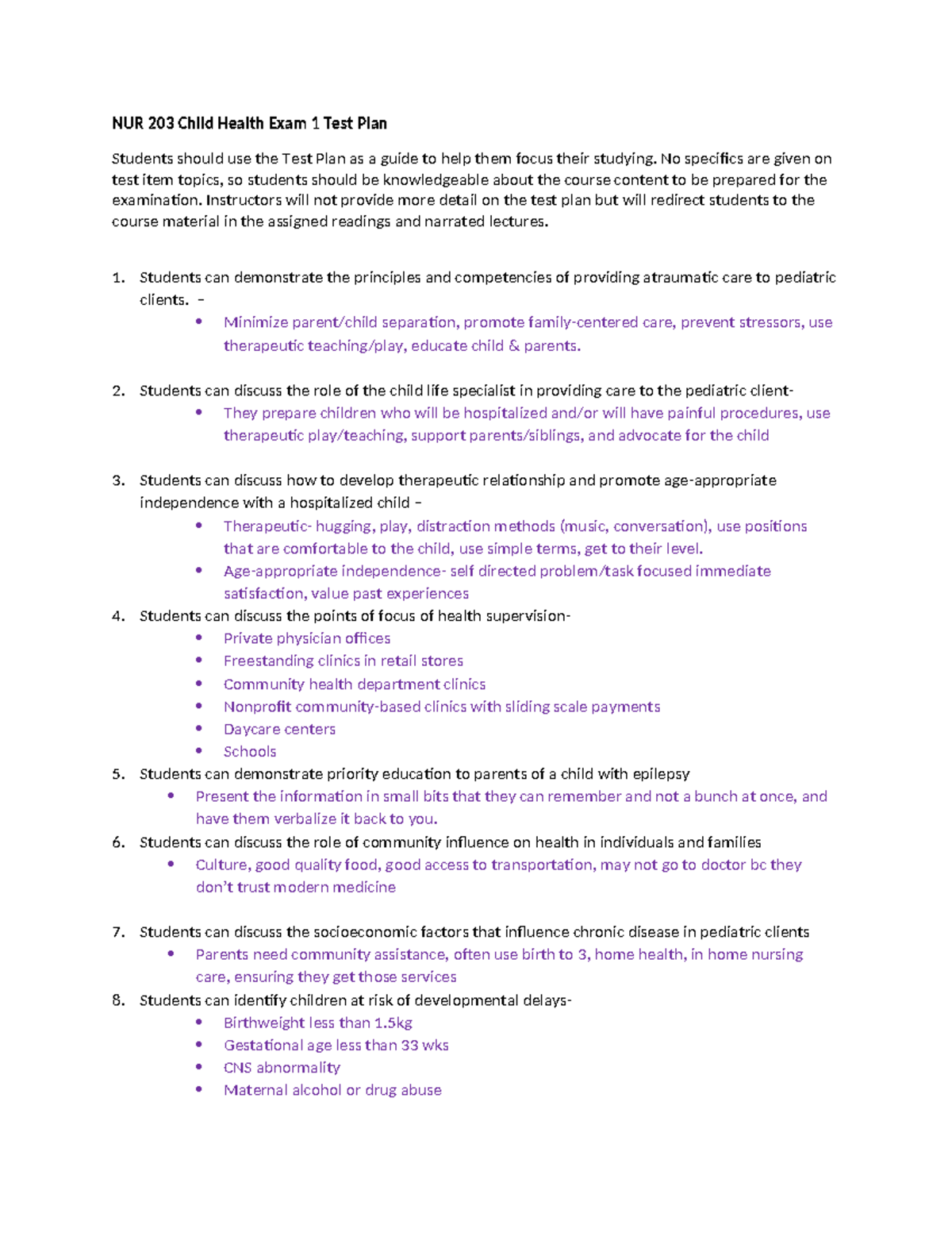 NUR 203 Child Health Exam 1 Study Test Plan Guide for Students - Studocu