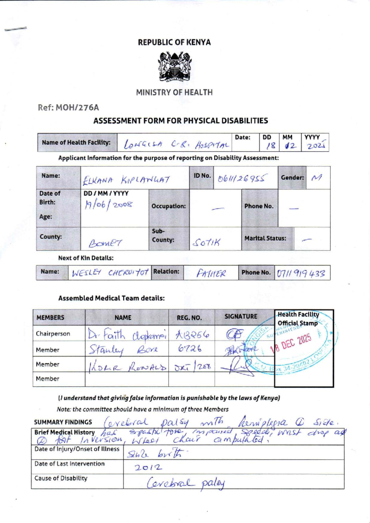 Assessment Form for Physical Disabilities - Longisa C.R. Hospital - Studocu