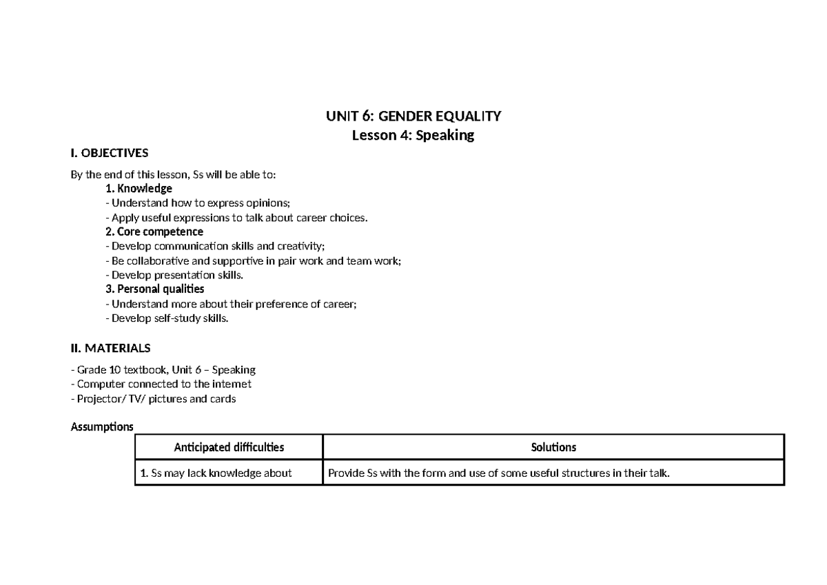 Unit 6: Gender Equality - Lesson 4 Speaking Objectives & Activities ...