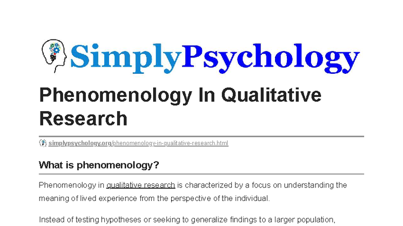 PSY 301 - Phenomenology in Qualitative Research: Understanding Lived ...