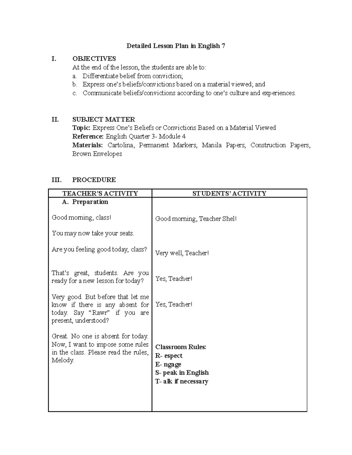Detailed Lesson Plan: Expressing Beliefs in English 7 - Studocu