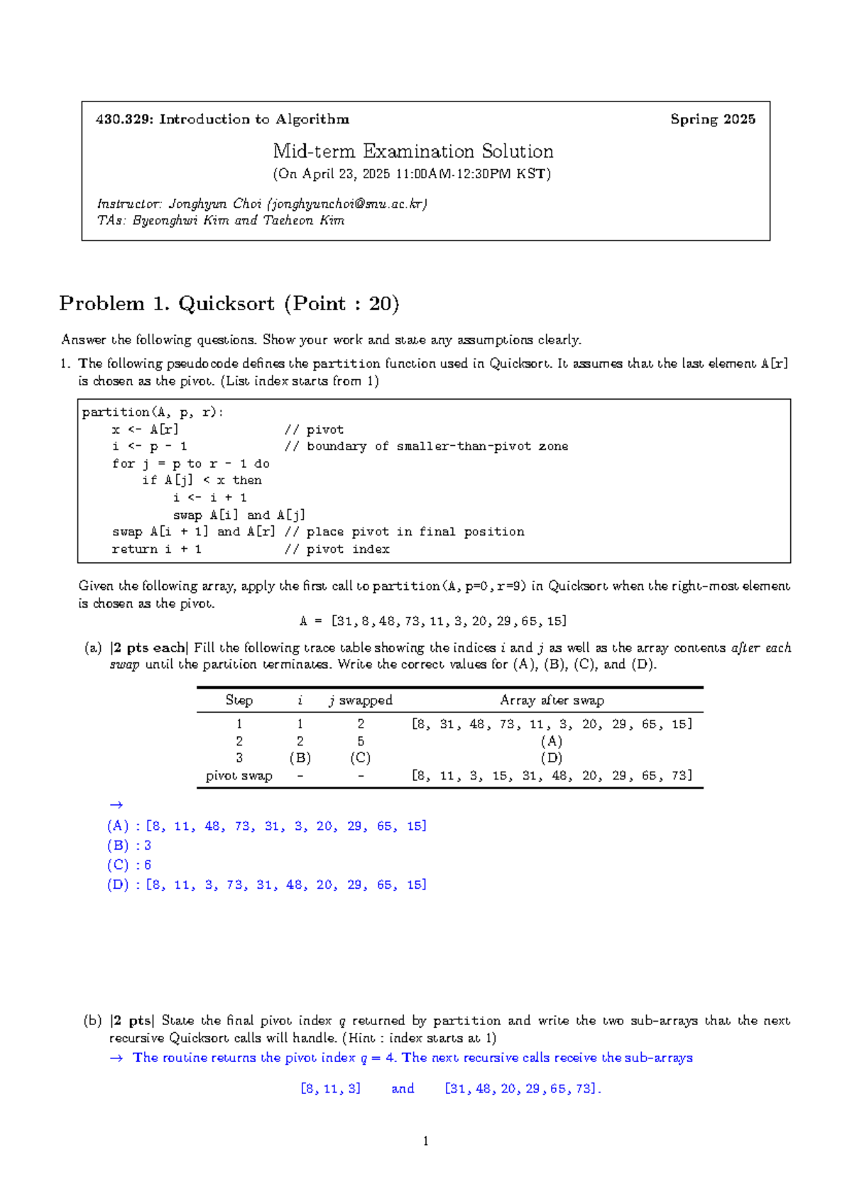 430.329: Spring 2025 Algorithm Midterm Examination Solutions - Studocu