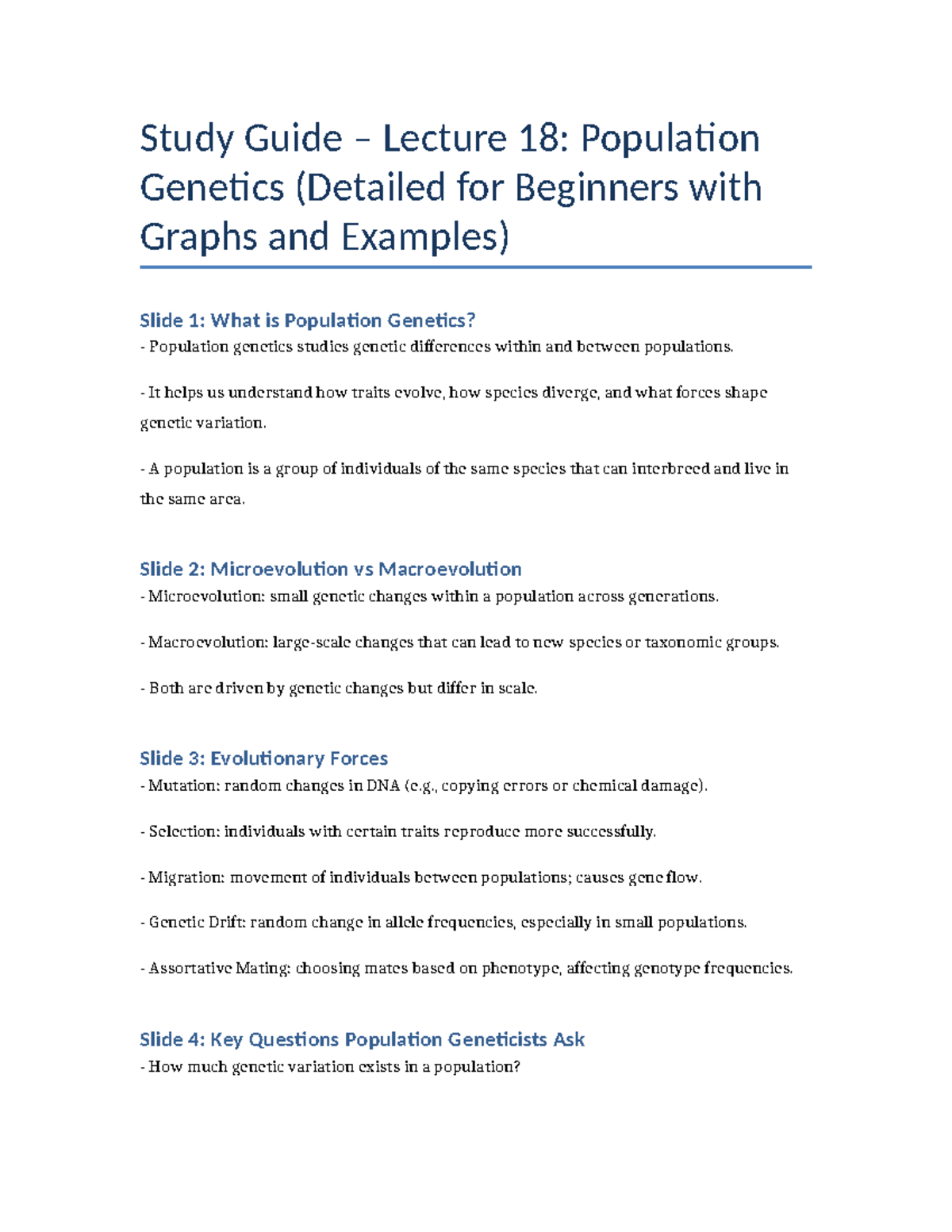 Population Genetics Study Guide: Lecture 18 for Beginners - Studocu