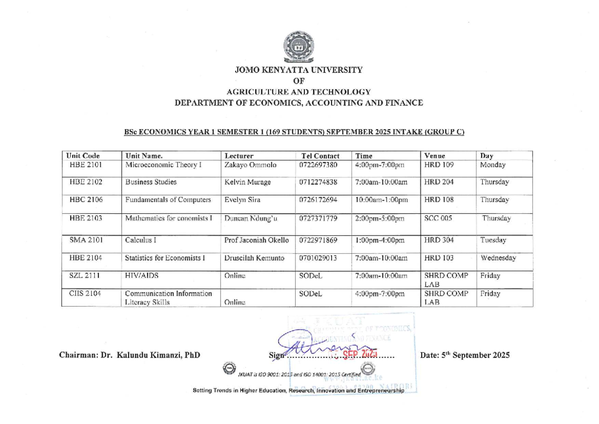 Teaching Timetable for BSc Economics & Bachelor of Commerce - Sept 2025 ...