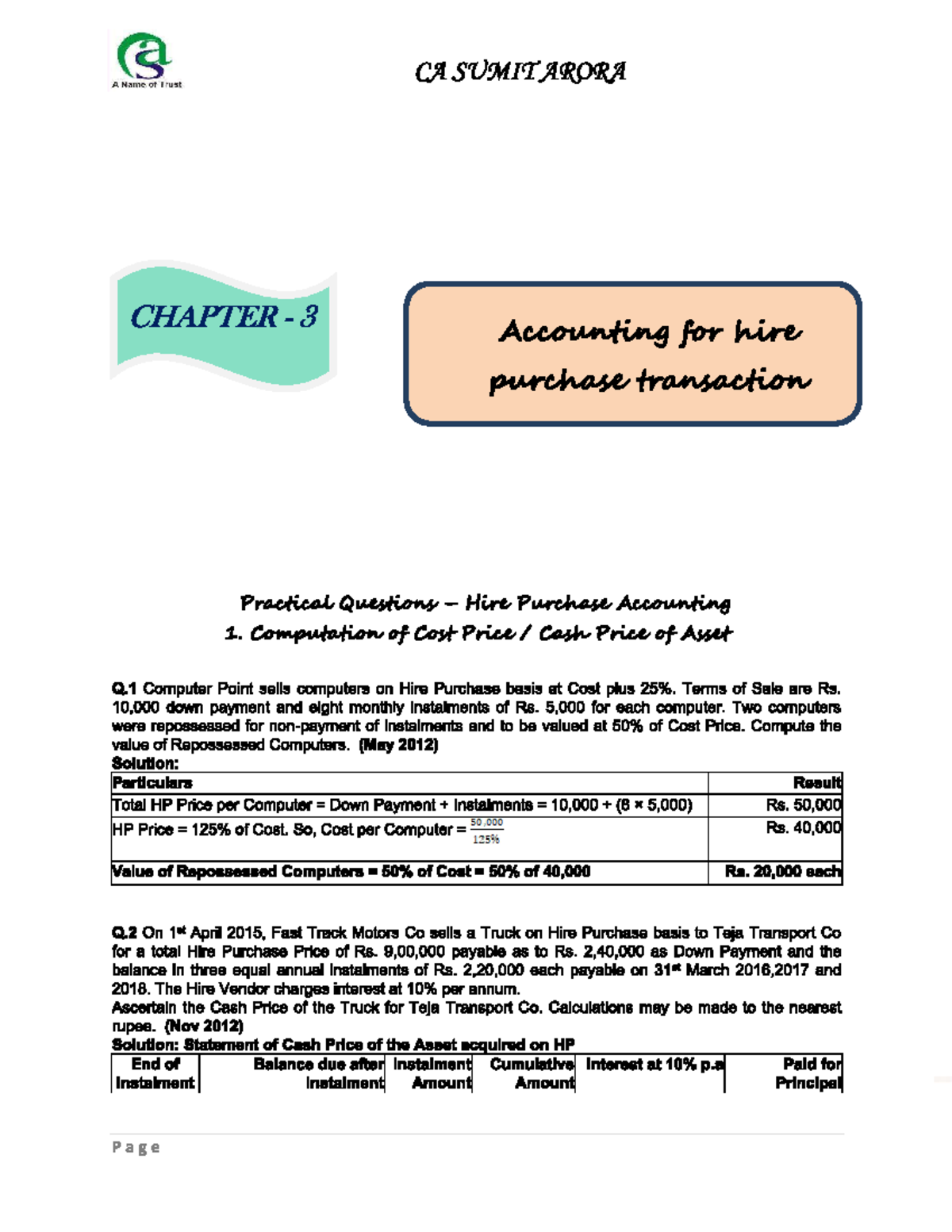 Hire Purchase Accounting Examples and Important Computations - Studocu