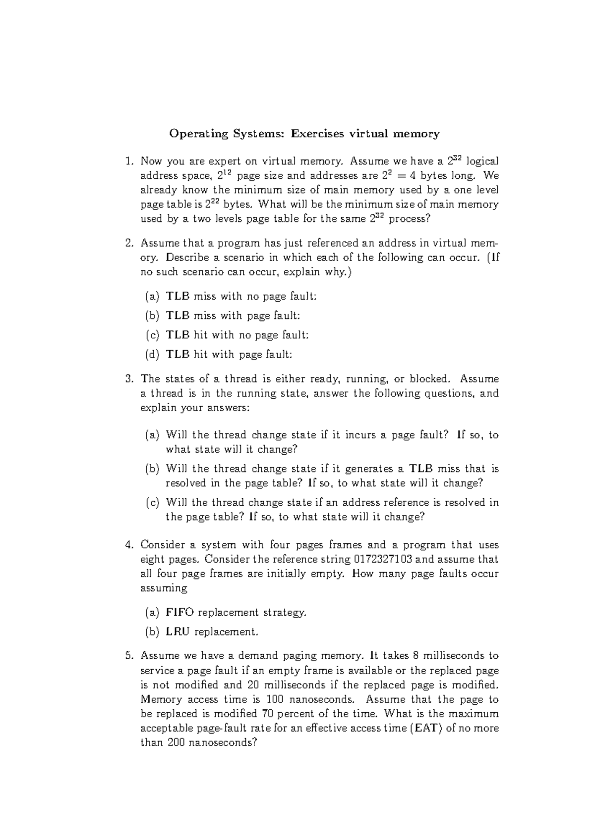 Exercises on Virtual Memory: OS Concepts and Scenarios (CS101) - Studocu