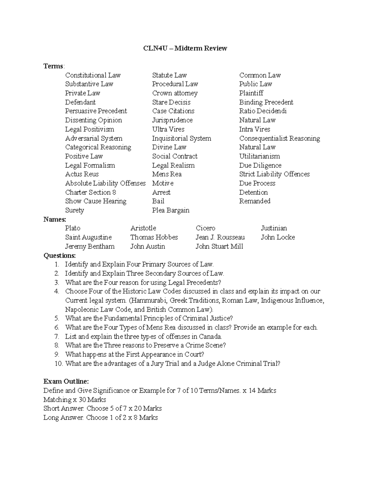 CLN4U – Midterm Review: Key Legal Concepts & Exam Prep Strategies - Studocu