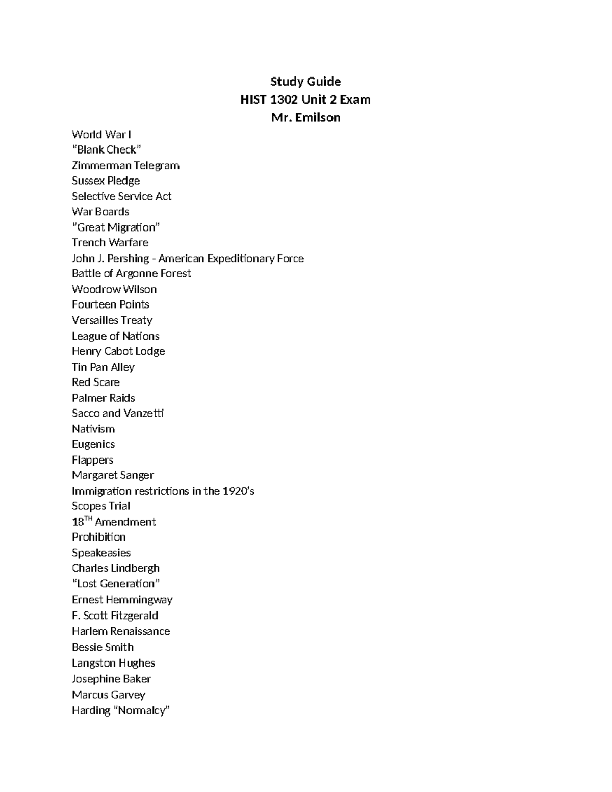 HIST 1302 Unit 2 Exam Study Guide: Key Events & Figures of WWI and ...