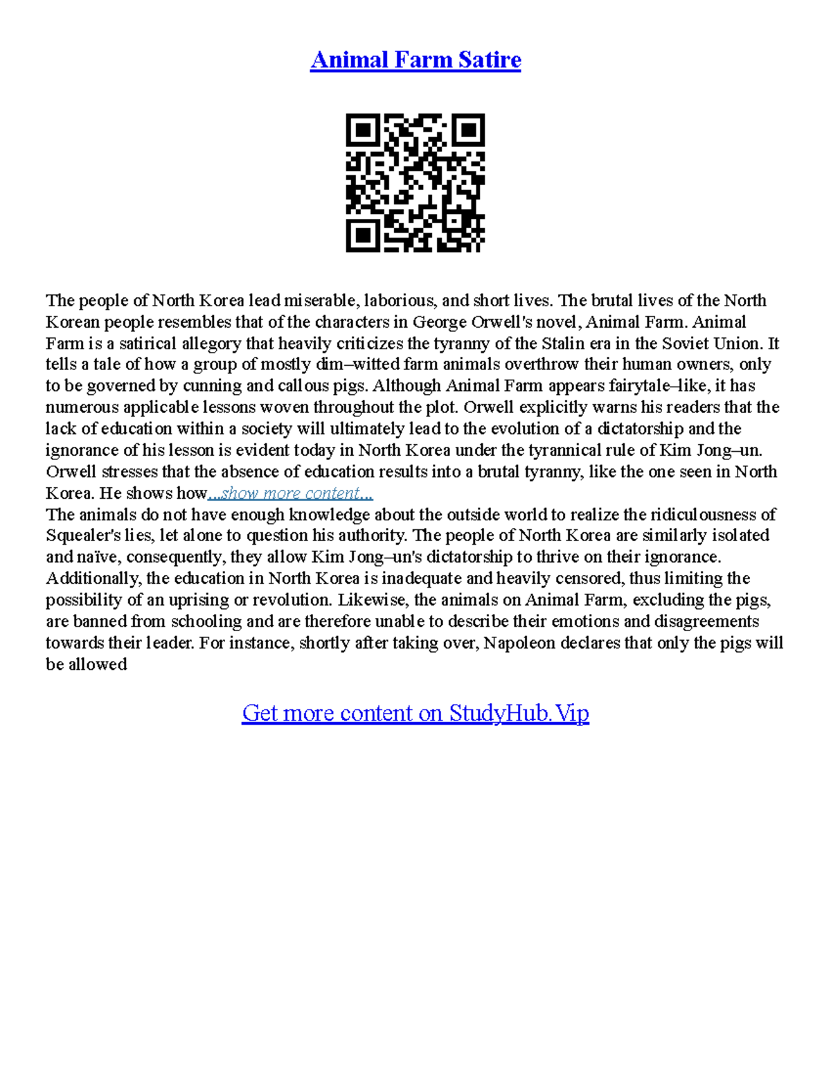 Satire in Animal Farm: A Critical Essay on Orwell’s Allegory - Studocu