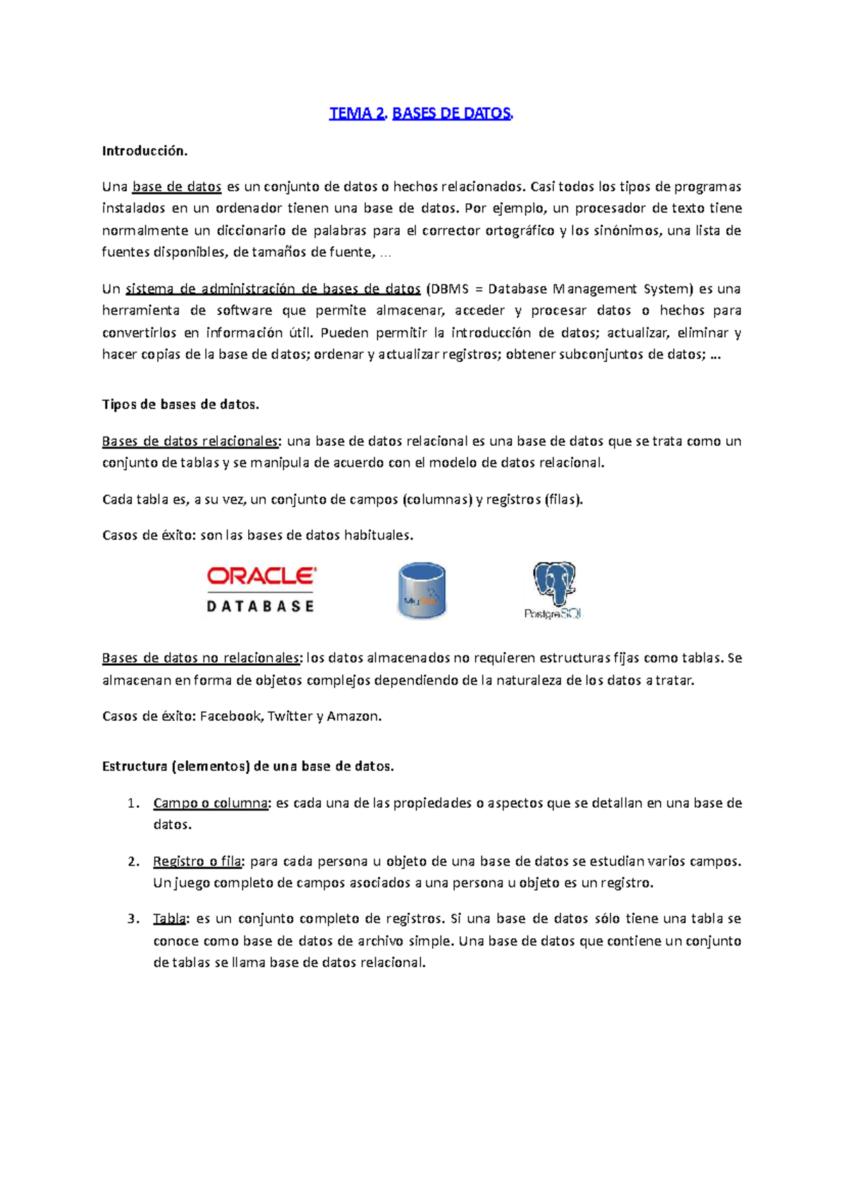 TEMA 2 - Bases de Datos: Resumen Completo y Conceptos Clave - Studocu