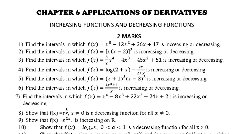 CHAPTER 6 - APPLICATIONS OF DERIVATIVES: INCREASING & DECREASING ...