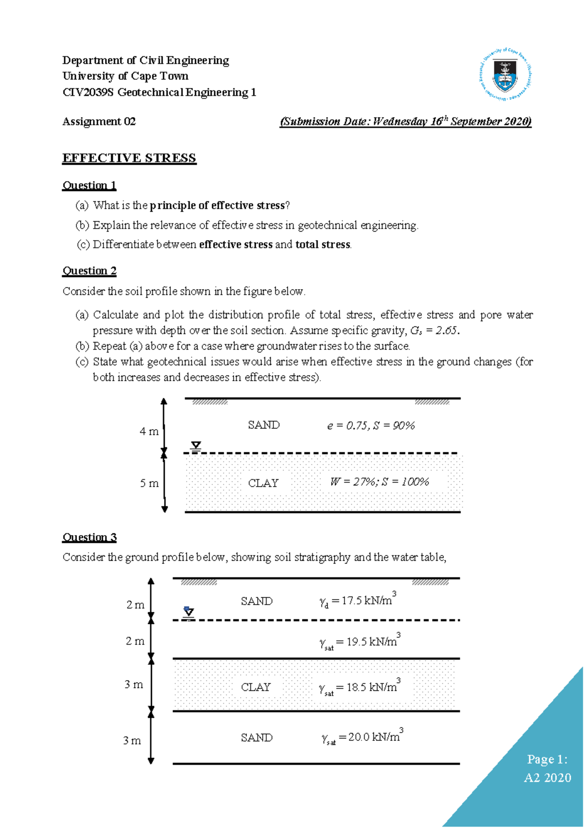 Assignment 2 - Effective Stress - Page 1: A2 2020 Department of Civil ...