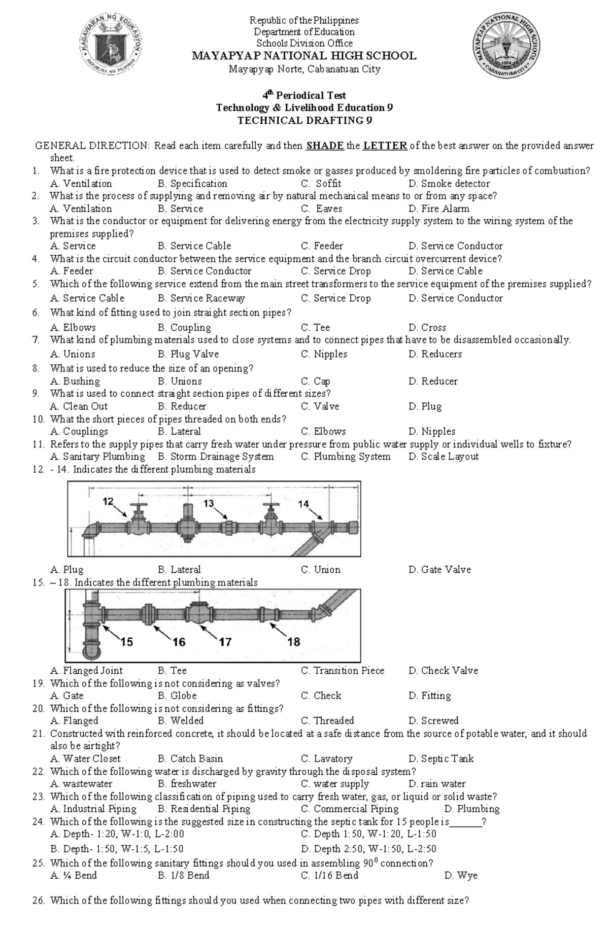 TLE 9 Technical Drafting 4th Periodical Test 2019-2020 - Studocu