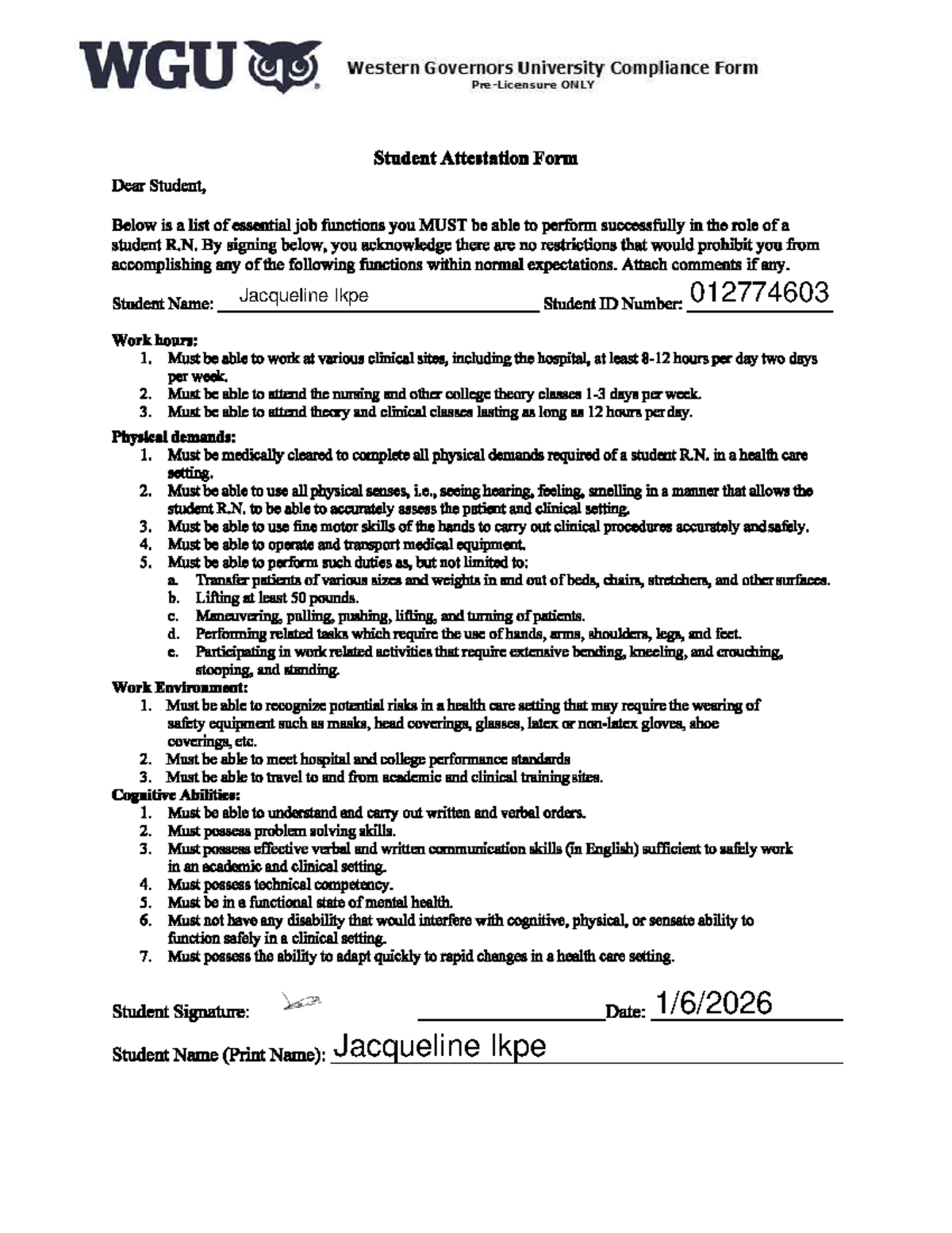 WGU Compliance Form: Student R.N. Attestation Requirements - Studocu