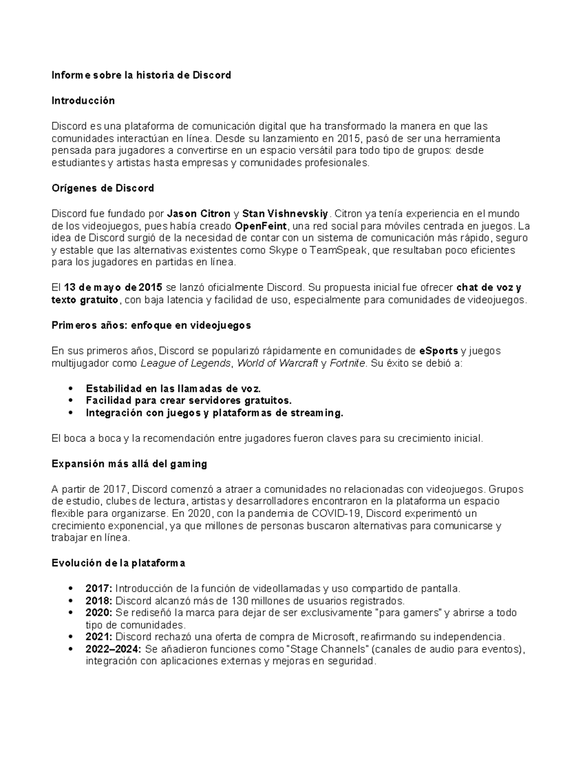 Informe sobre la Historia de Discord: Evolución y Expansión - Studocu