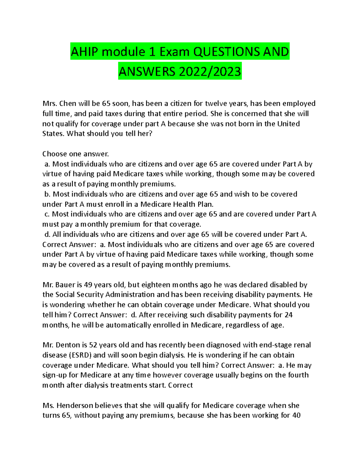 AHIP module 1 Exam Questions AND Answers 2022-2023 - AHIP module 1 Exam ...